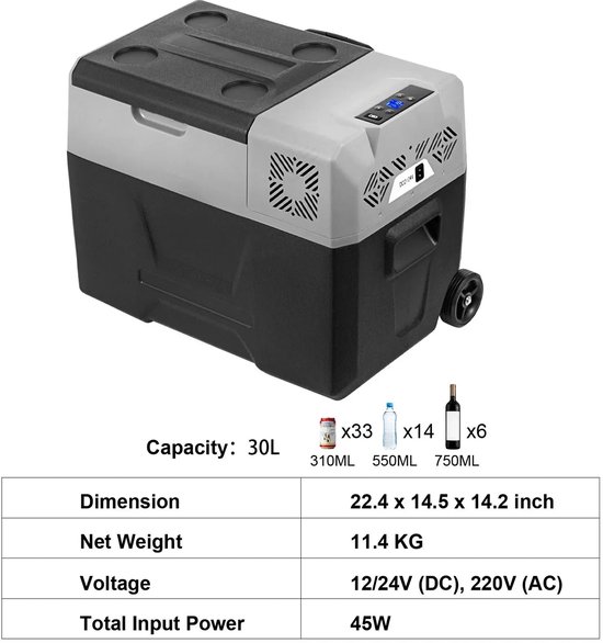 Mini Koelkast - Camping Koelkast - Auto Koelkast - 12V/24V 110-240V - Compressor... | bol