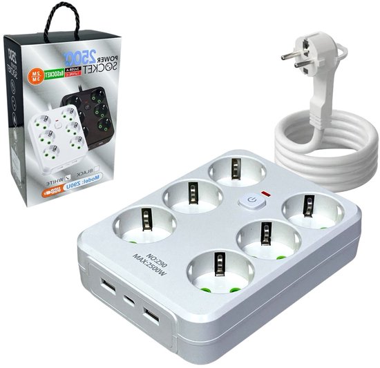 Lucky Hawk Power Socket - Stekkerdoos met 6 Stekkers en 2 USB ingangen ...