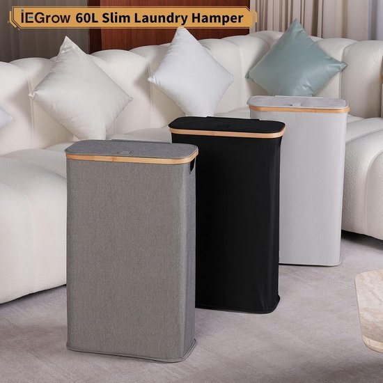 Slanke opvouwbare wasmand 60 liter met deksel en handvat, afneembare en wasbare... | bol