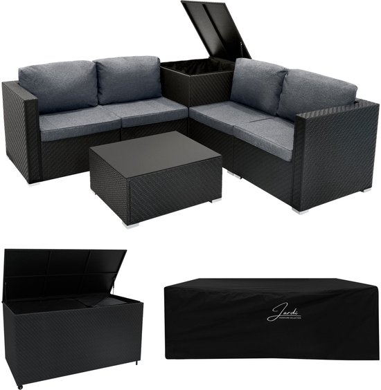 Rotan Modulaire Tuinmeubelen 6 Stuk Zwart Tafel Loungeset 2 x Opbergbox ...