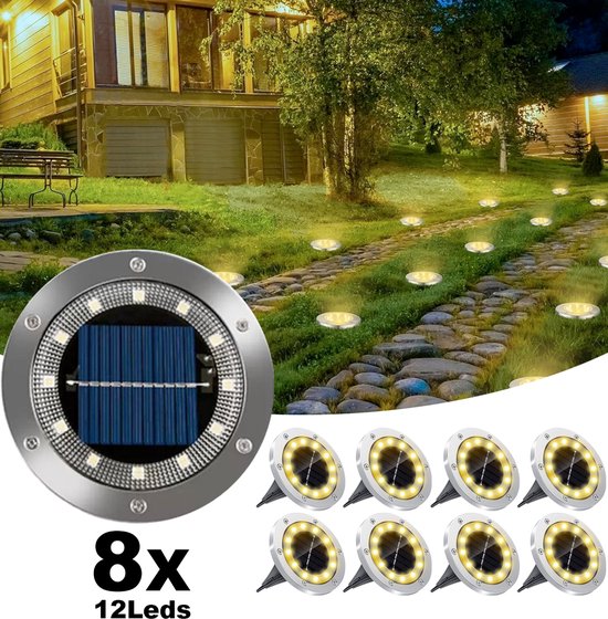 8x LED Warm Solar Grondspots – Zilver RVS Tuinverlichting met 12 LEDs ...