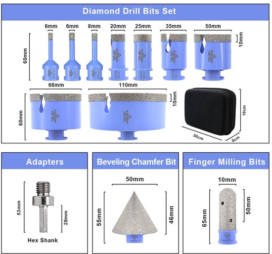 Diamantboorset 12 delig met Gatenzagen en Freesboor voor Keramiek ...