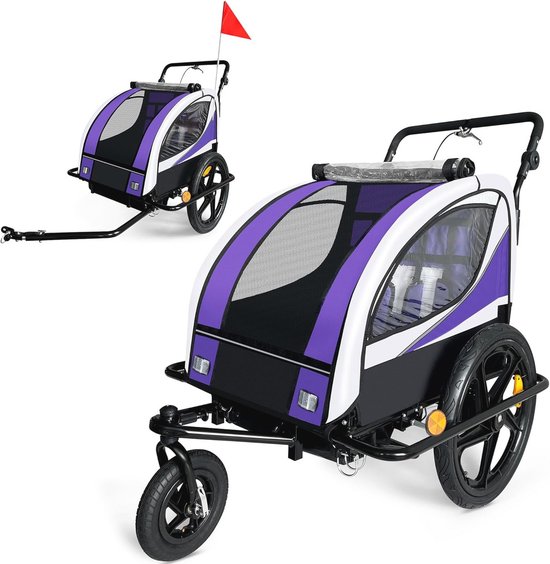 360° Zwenkbare Fietskar en Buggy voor 2 Kinderen - Geveerd en ...