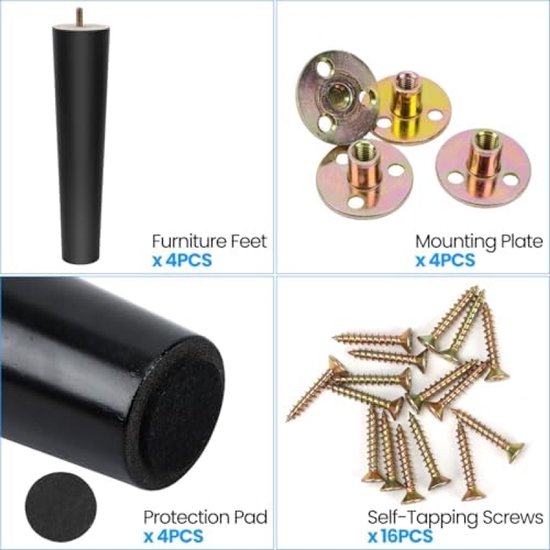 PolkaHome 4 stuks 25 cm houten meubelpoten, conisch ijzeren ontwerp ...