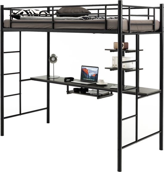 COSTWAY Metalen Loft Bed Frame met Bureau, Zwaar Loft Bed met 2 Ladders ...