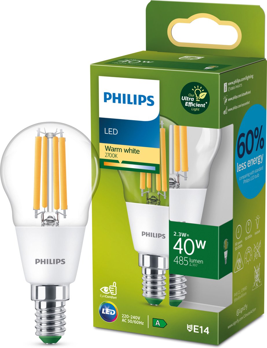 Philips Ultra Efficient LED kogellamp Transparant - 40 W - E14 - Warmwit licht | bol