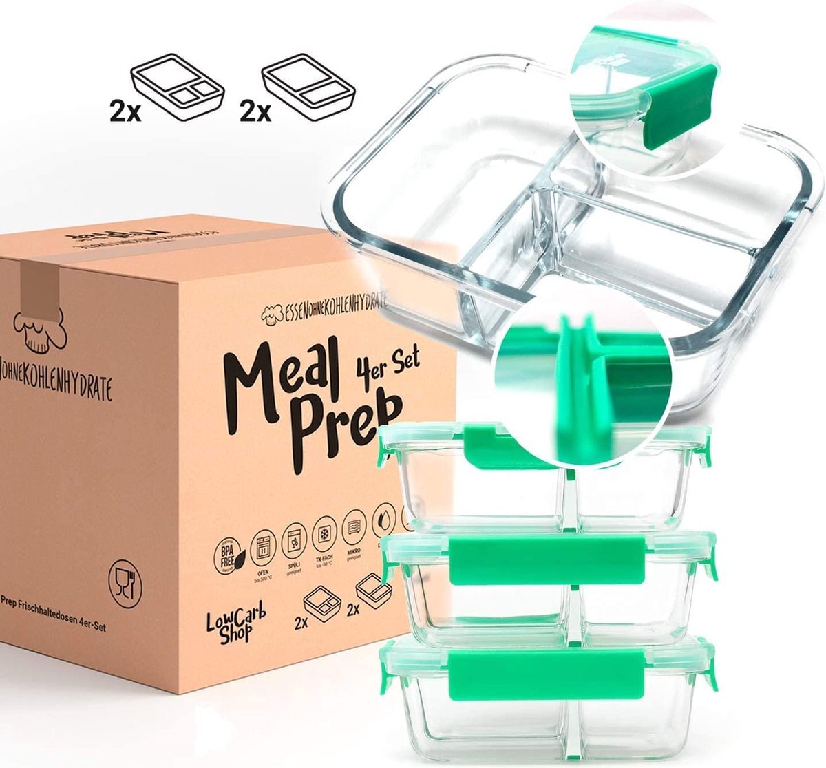 Récipients de stockage en verre Prep de repas avec chambres étanches ...