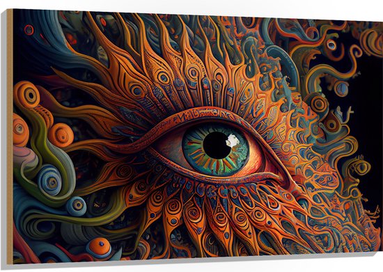 Hout - Oog met Oranje en Blauw Patroon - 120x80 cm - 9 mm dik - Foto op ...