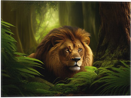Vlag - Leeuw tussen de Groene Bladeren in de Jungle - 40x30 cm Foto op ...