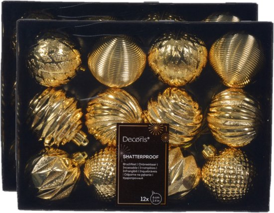 Decoris kerstballen gedecoreerd - 24x - 6 cm -kunststof - goud | bol