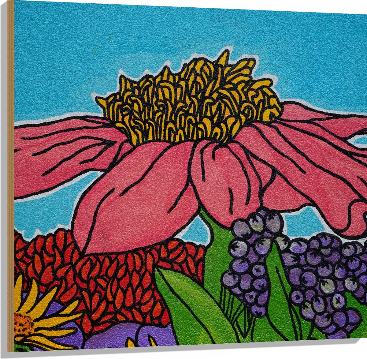 Hout - Cartoon Tekening van Roze, Paarse, Gele en Rode Bloemen ...
