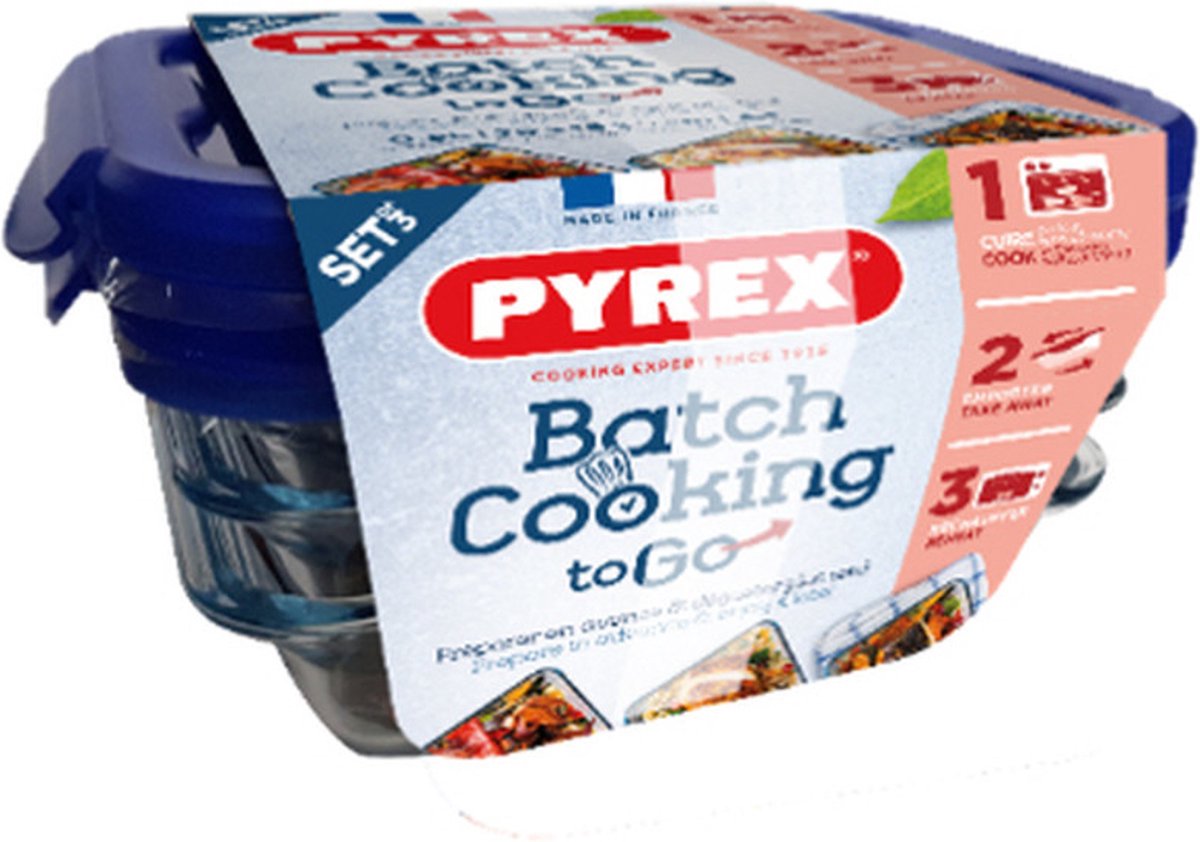 Pyrex - Batch cooking & go - Rechthoekige glazen schalen met blauwe ...