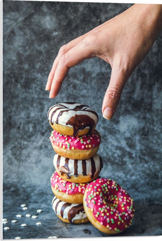 PVC Schuimplaat - Donuts - Gestapeld - Sprinkels - Hand - Kleurrijk ...