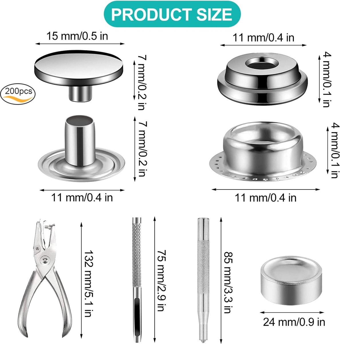 Drukknopset met tang, 15 mm drukknopen zonder naaien, roestvrij staal ...