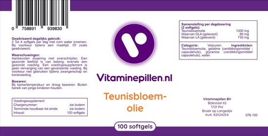 Vitaminepillen.nl | Teunisbloemolie | Softgels | 100 stuks | Met gamma ...