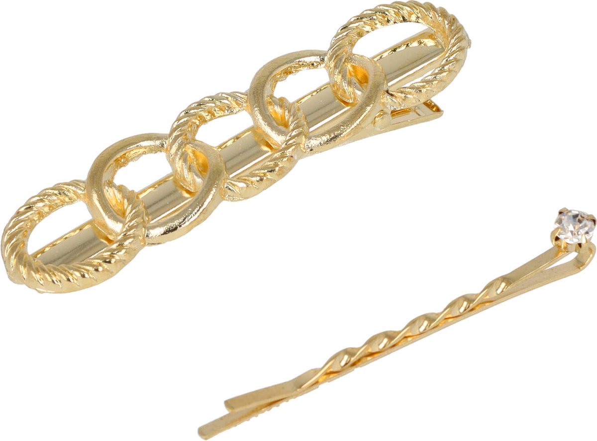 Haarspeld Duckklem + Schuifspeldje Ketting Cirkel Vorm Strass Goud 2 ...