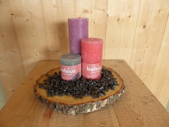 Kaarsen set Bolsius 3 stuk paars, rood en grijsgroen met zwarte ste ...