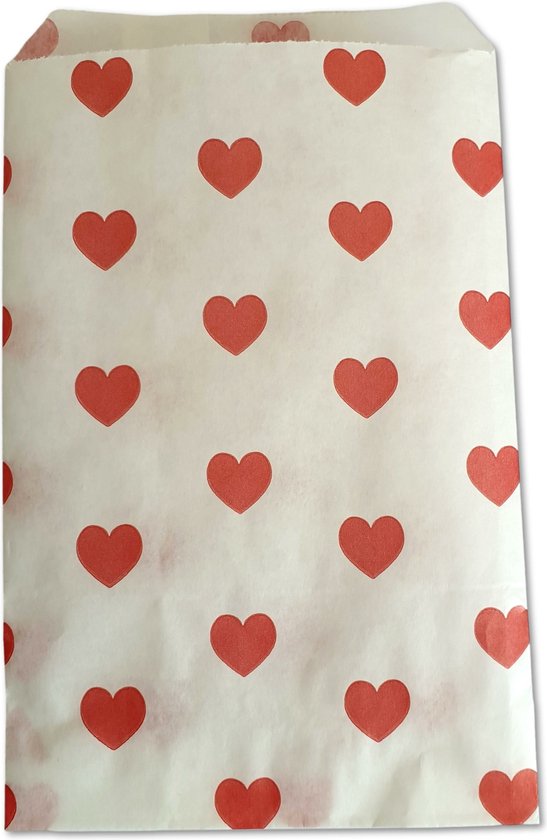 Prigta - Papieren zakjes - 100 stuks - 10x16 cm - wit met rode hartjes ...