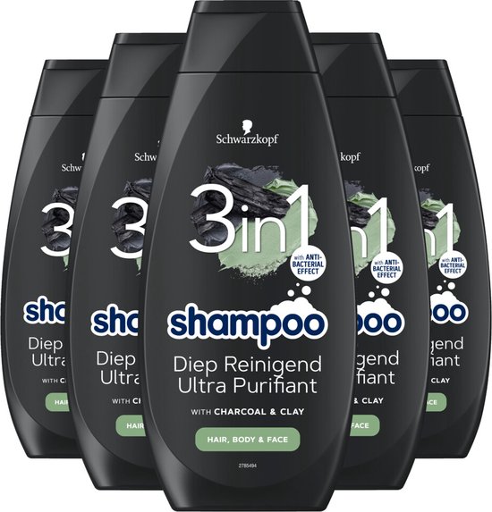 Schwarzkopf Men Shampoo 3 in 1 Hair-Body-Face Charcoal + Clay - 5 x 400 ...