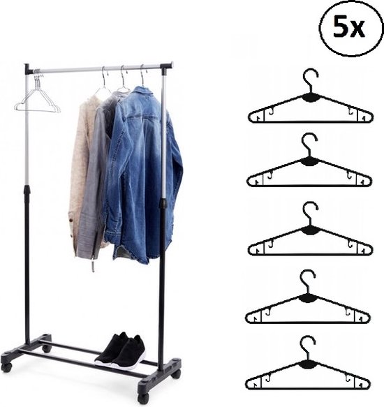 Kledingrek - Op/Met Wielen - Zwart - 160 cm - 1 Stang(en) - inclusief 5 ...