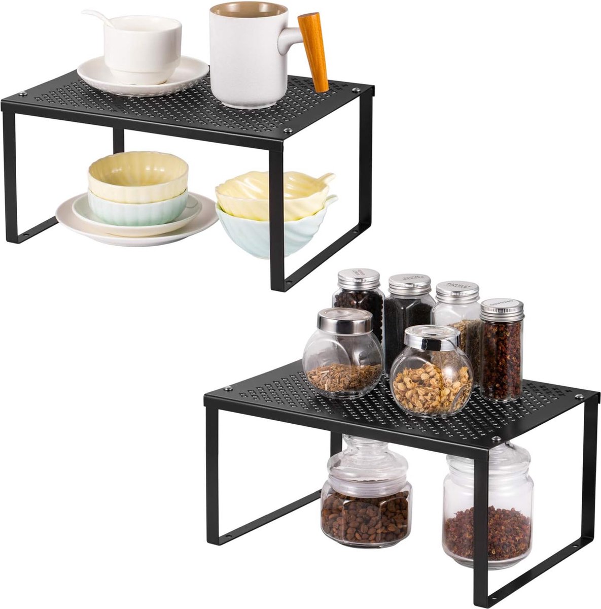 Plankinzet in de keukenkast, bruikbare stapelbare organizer in kast ...