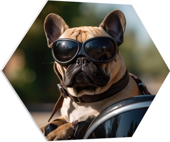 PVC Schuimplaat Hexagon - Bulldog Hond met Zonnebril Rijdend op Motor ...