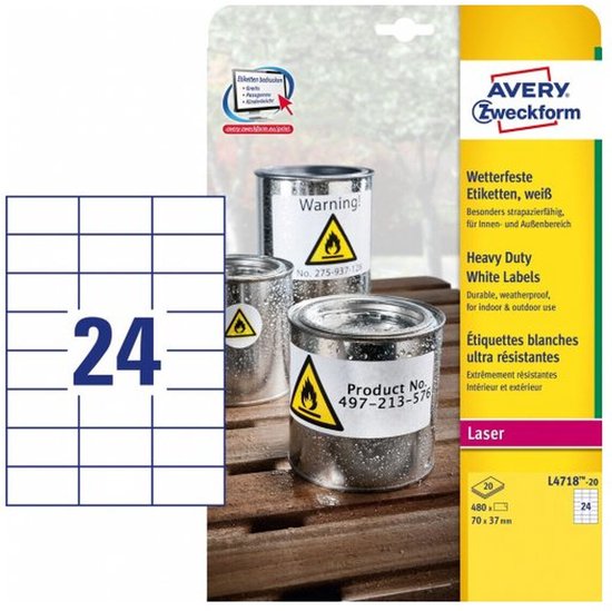 Adhesive labels Avery 20 Sheets 70 x 37 mm White | bol