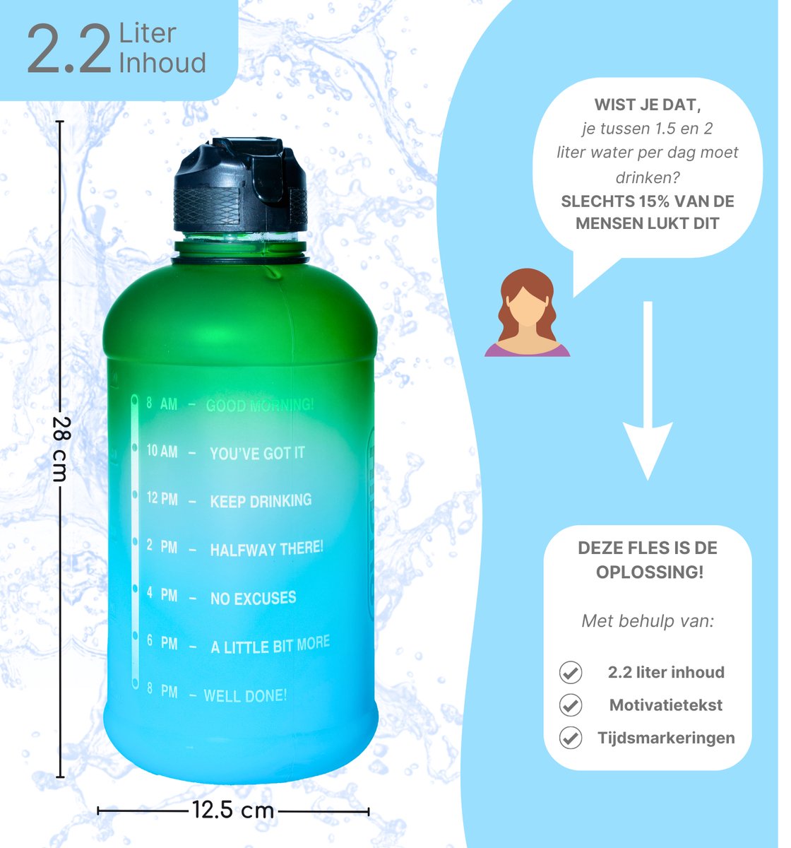 Quality Needz - Waterfles - 2 Liter - Drinkfles Met Rietje - Stevig ...