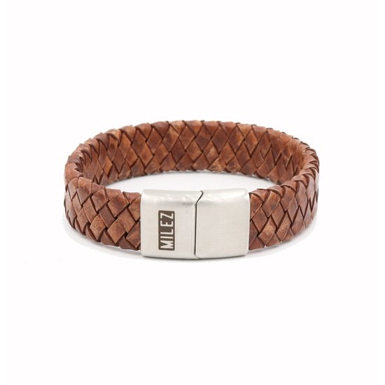 Milez - Armband mannen - armband heren leer breed - Cognac - Maat M | bol