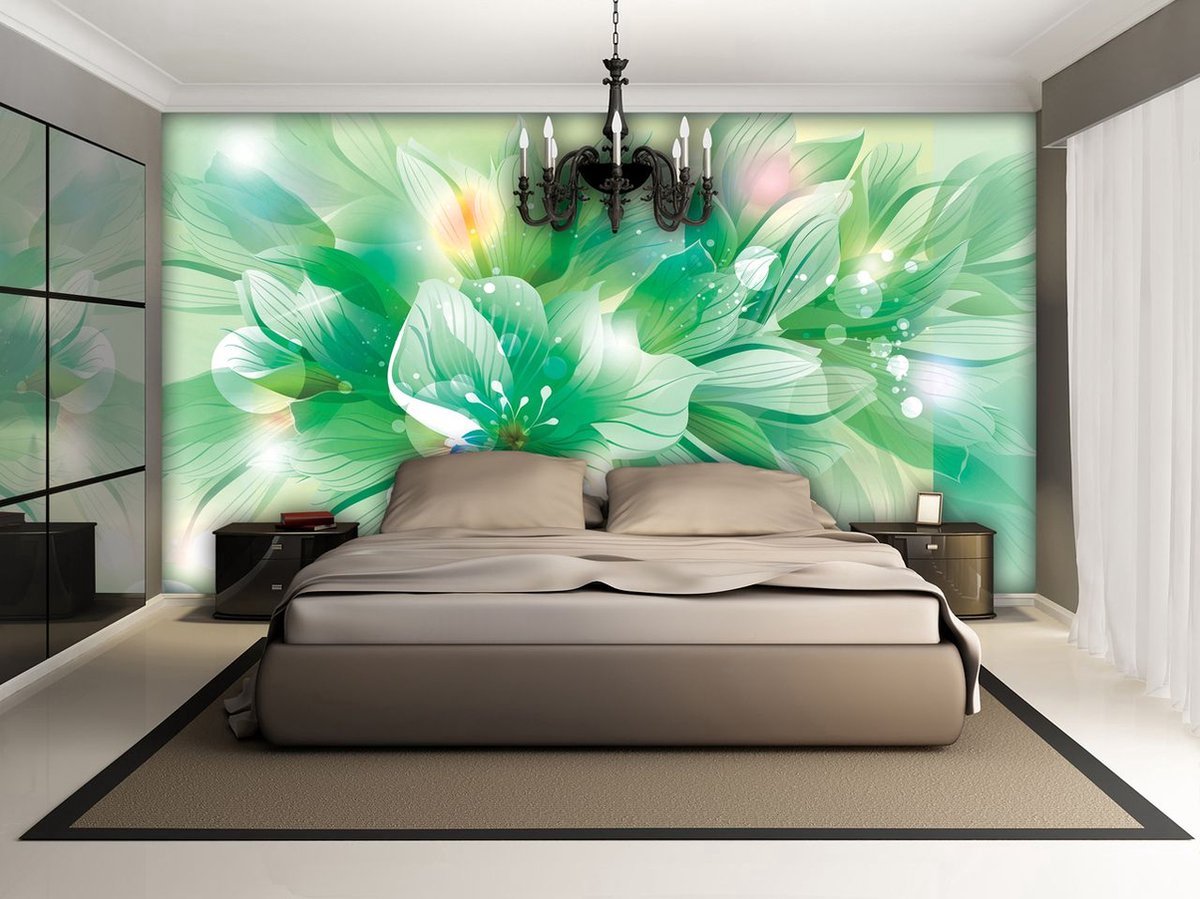 Fotobehang - Vlies Behang - Kunst met Groene Bloemen - 312 x 219 cm ...