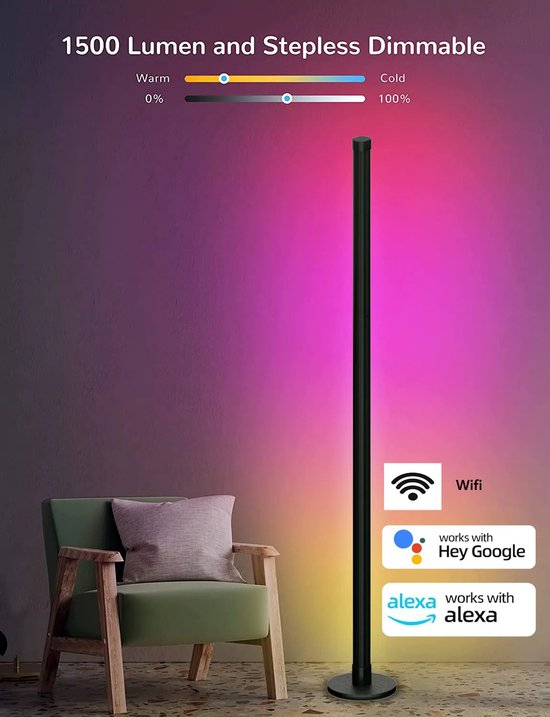Smart Vloerlamp Wifi - Full Color LED - Alexa, Google, App, geluid ...