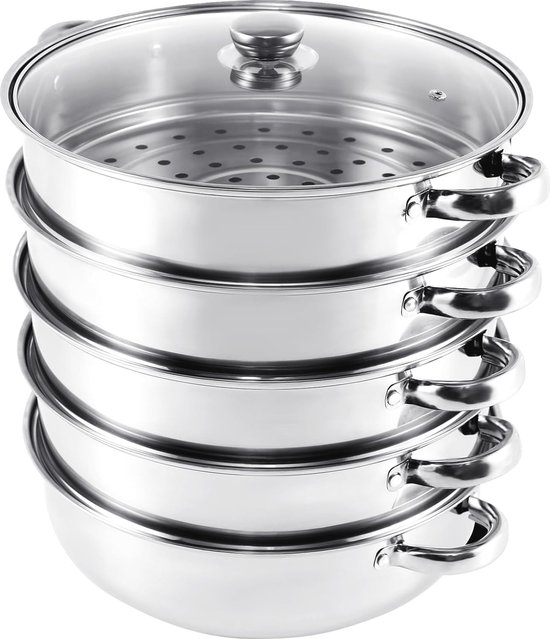 Roestvrijstalen Stoompan met Glazen Deksel - 5 Niveaus - Geschikt voor ...