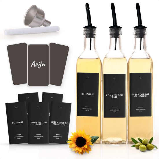 Orzen 3 glazen olie, azijn- en ketjap flessen set - met zwarte ...