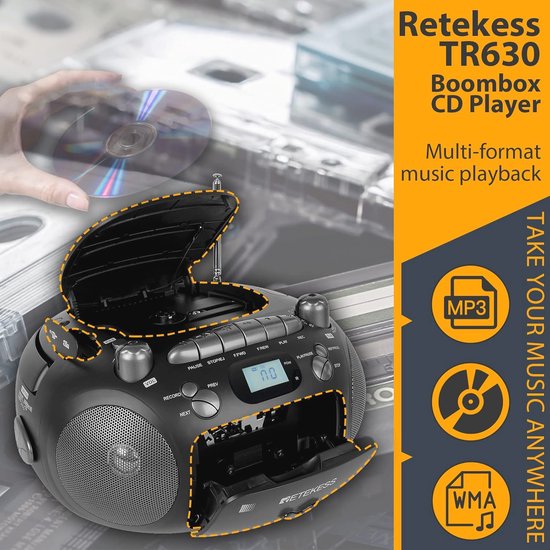 CD-speler met cassette en radio op batterijen - usb, sd, tf, stereo ...