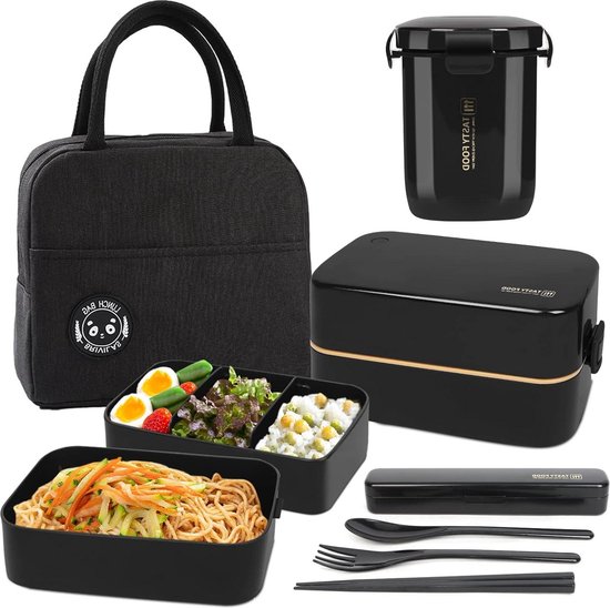 2-Tier Bento Box Lunch Bag with Cutlery - Adjustable Compartments ...