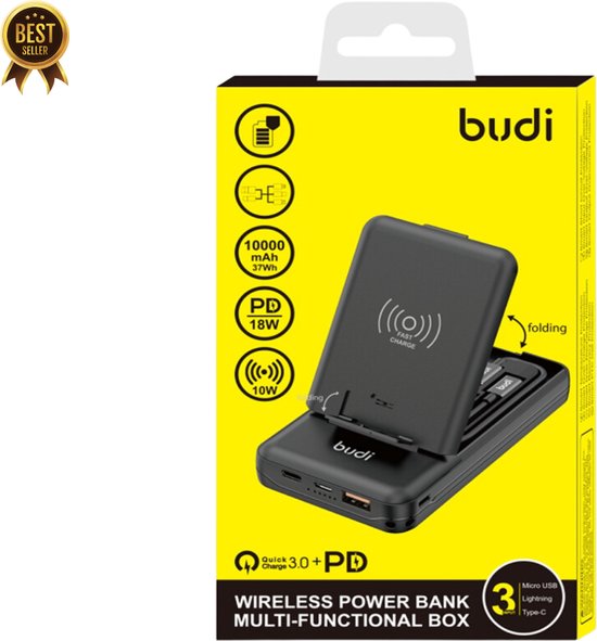 Budi All-in-one Power Bank - 10000mAh - Draadloos opladen - Snel ...