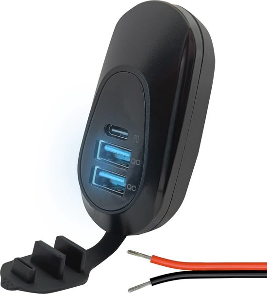 ProRide 12V USB C Autolader 3 Poorten Opbouw Ovaal - 2x USB A + USB C ...