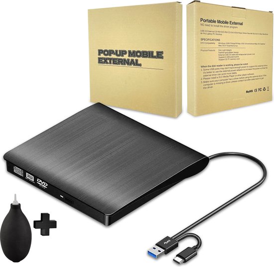 Externe DVD-CD Speler Brander - USB 3.0 & USB-C - voor Laptop, PC ...