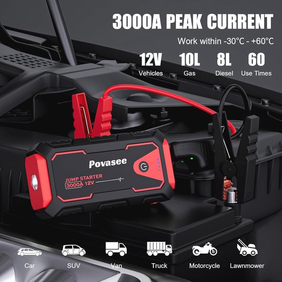 Autoaccu Booster 3000 A voor 12V Voertuigen met USB-uitgangen en LED ...