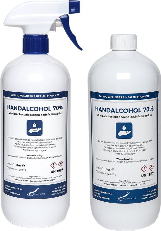 Handalcohol spray 70% - 1 liter met spraykop + 1 liter met dop | bol
