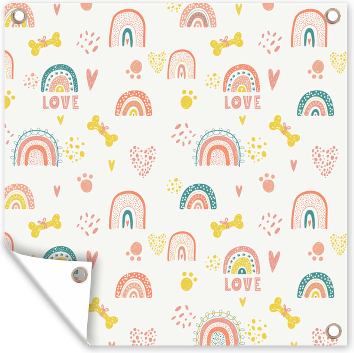 Tuin poster Honden tekening met botten en regenbogen en hondensporen ...