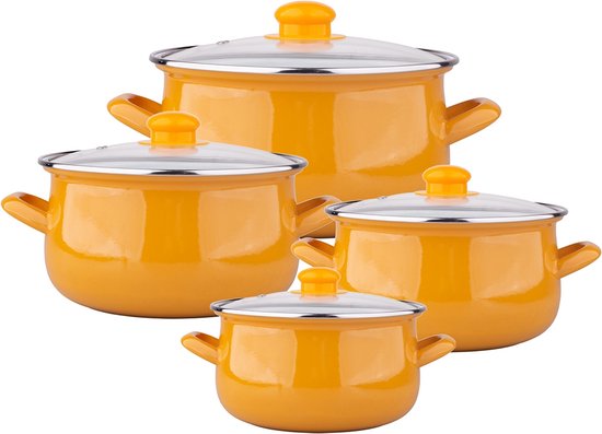 Silesia Klara 8 delige emaille pannenset retro geel - Pannen set voor ...