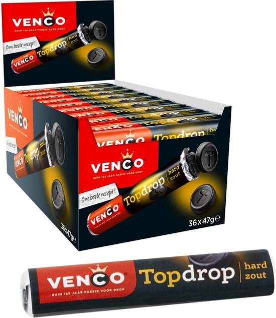 Venco Topdrop hard zout drop snoep salmiak - showdoos met 36 rollen à 47 g snoepgoed | bol