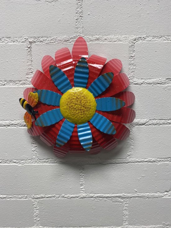 Metalen bloem wanddecoratie - Rood+ roze + blauw + bij- Dia 30 cm ...