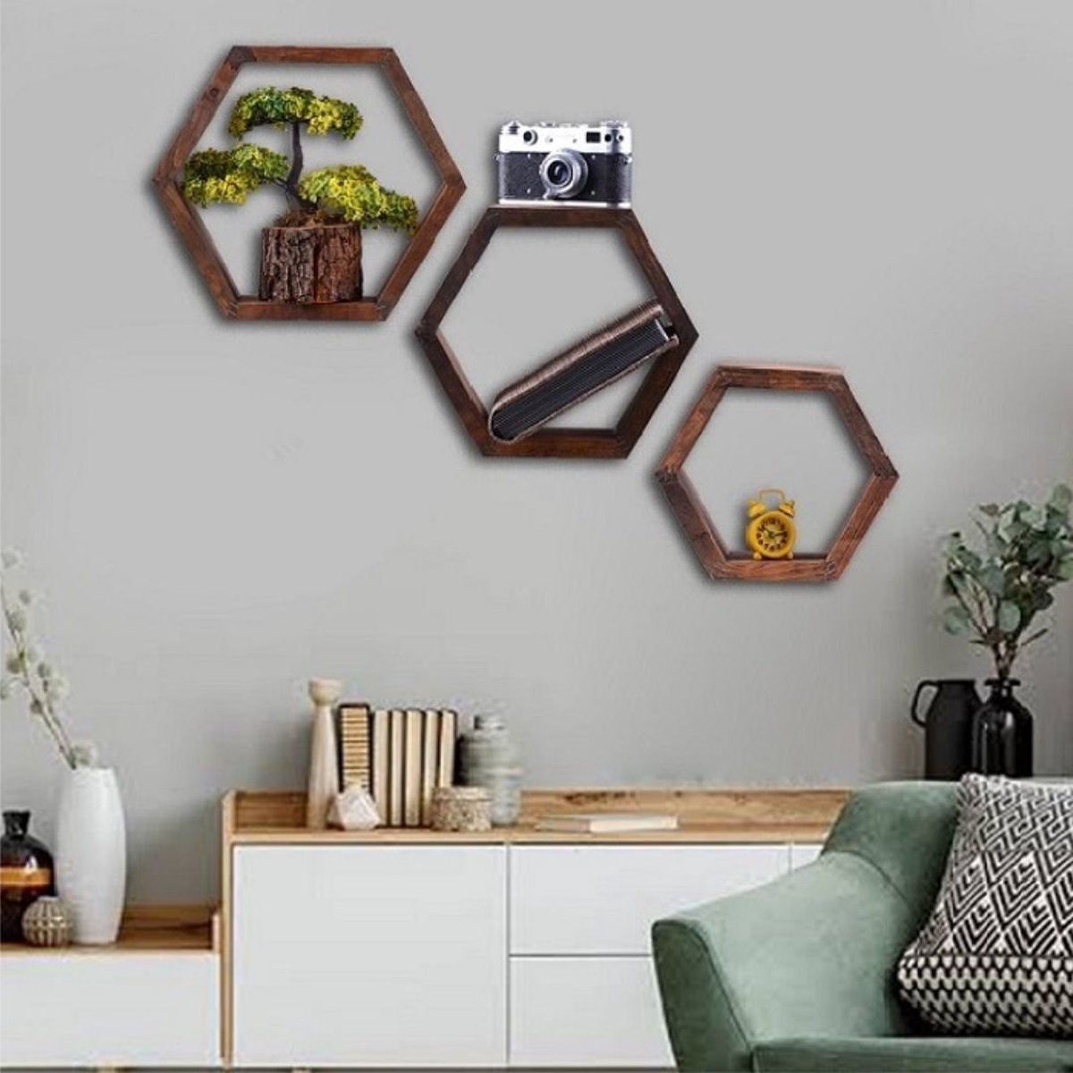 Houten Decoratief Ontwerp 3 Zeshoekige Wandplank Muur Decor Bloempot ...