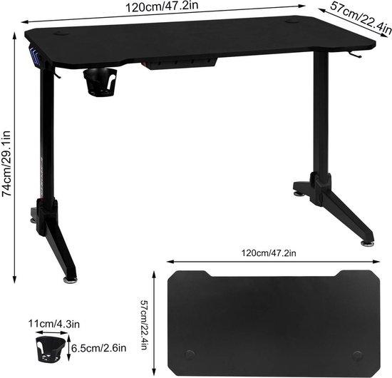 Gaming tafel computertafel met LED verlichting 57 x 120 cm Ergonomisch ...