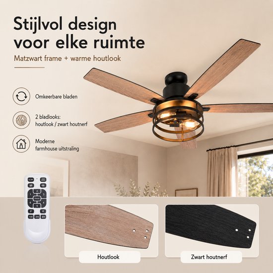 Rosnek Plafondventilator met verlichting en afstandsbediening - Zwart ...
