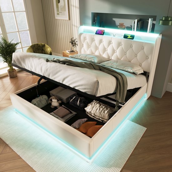 Gestoffeerd tweepersoonsbed, 360° LED-verlichting rondom, bediening via ...