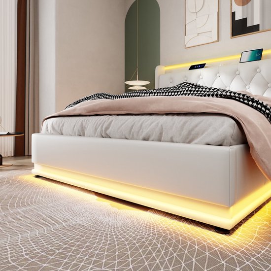 Gestoffeerd tweepersoonsbed, 360° LED-verlichting rondom, bediening via ...