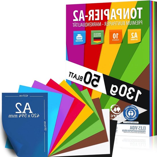 50 Sheets COLORFUL PAPER DIN A2-130gsm Construction Paper Set - 10 ...